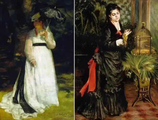 Auguste Renoir. Stânga - * Lisa cu umbrelă *, 1867. Dreapta - * Femeie cu papagal *, 1871