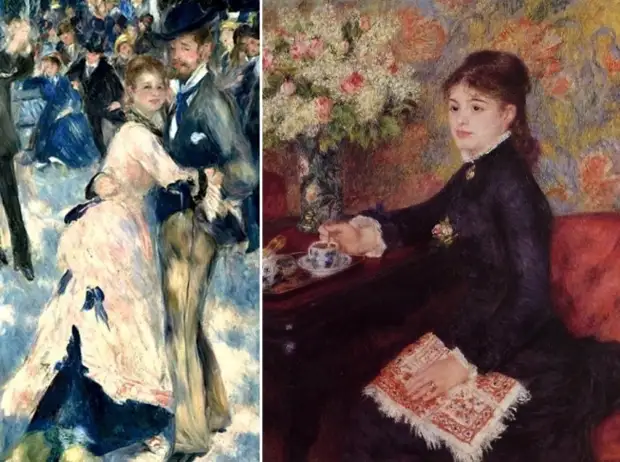 Auguste Renoir. Kairė - * Kamuolys „Moulin de la Galette“ *, 1876. Fragmentas. Dešinėje - * puodelis šokolado *, 1878 m