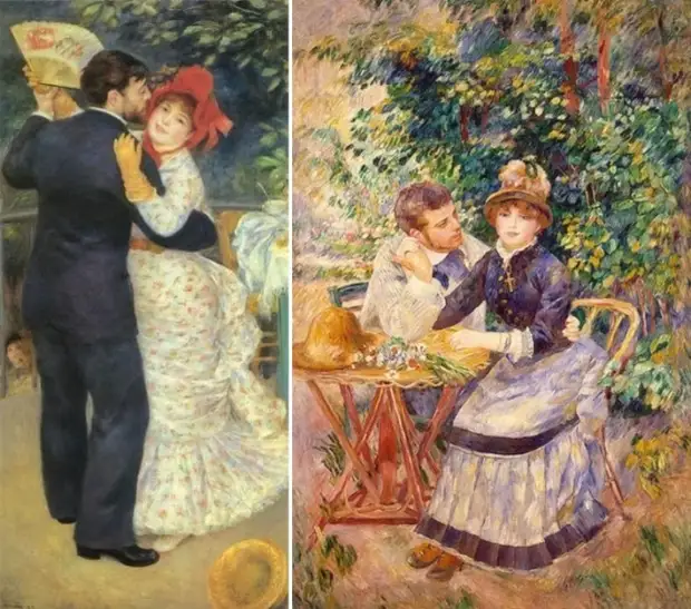 Auguste Renoir. Lénks - * Danz am Duerf *, 1882-1883. Richteg - * Am Gaart *, 1888