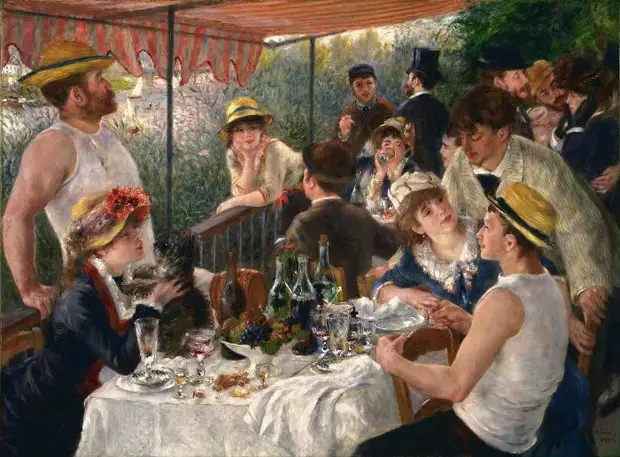 Auguste Renoir. Micul dejun Rowers, 1881. Prim plan: Alina jucându-se cu un câine