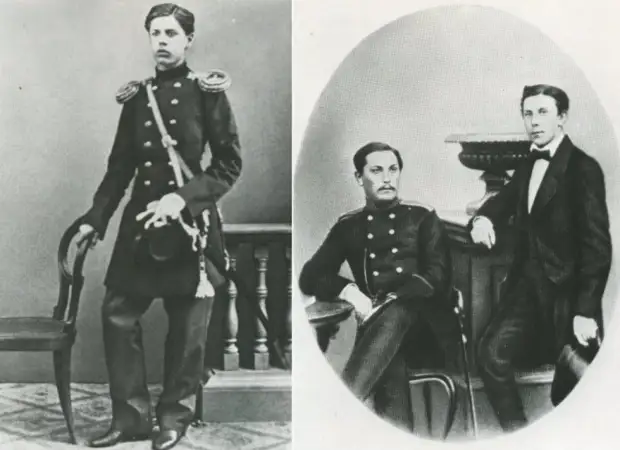 Links - Modest Mussorgsky, officier van het Preobrazhensky Life Guards Regiment, 1856. Rechts - Modest Petrovich Mussorgsky (rechts) met zijn broer, 1858 | Foto: fanread.ru en static.newworldencyclopedia.org