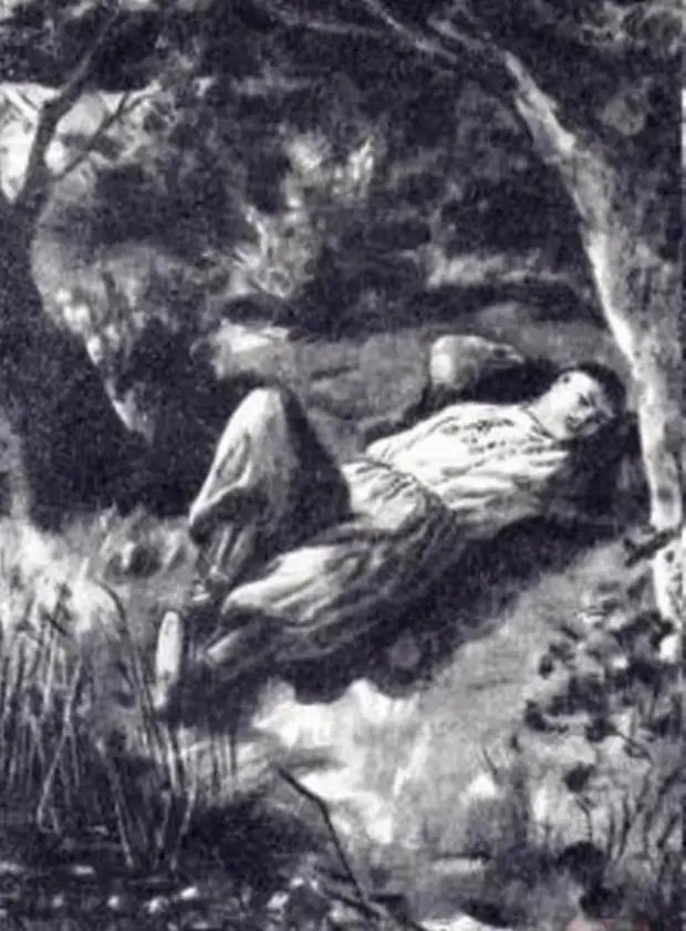 V. Vlasov. Illustratioun fir d'Geschicht vum N. Gogol * May Night, or Drowned Woman *: Sleeping Levko, 1946