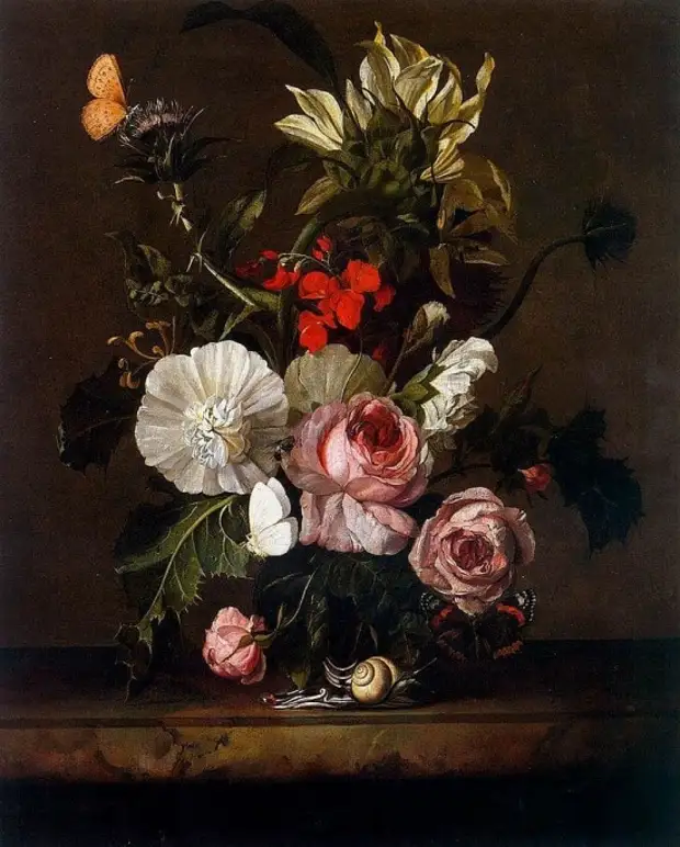 ສິລະປິນ Rachel Ruysch (1664 - 1750). Baroque ຍັງມີຊີວິດຢູ່