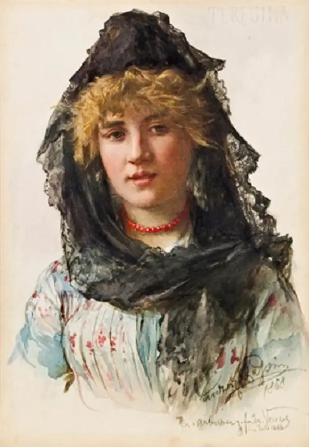 Aina ya Watercolor-Genre-Portrait ... Ludwig Johann Passini (Austrian, 1832-1903)