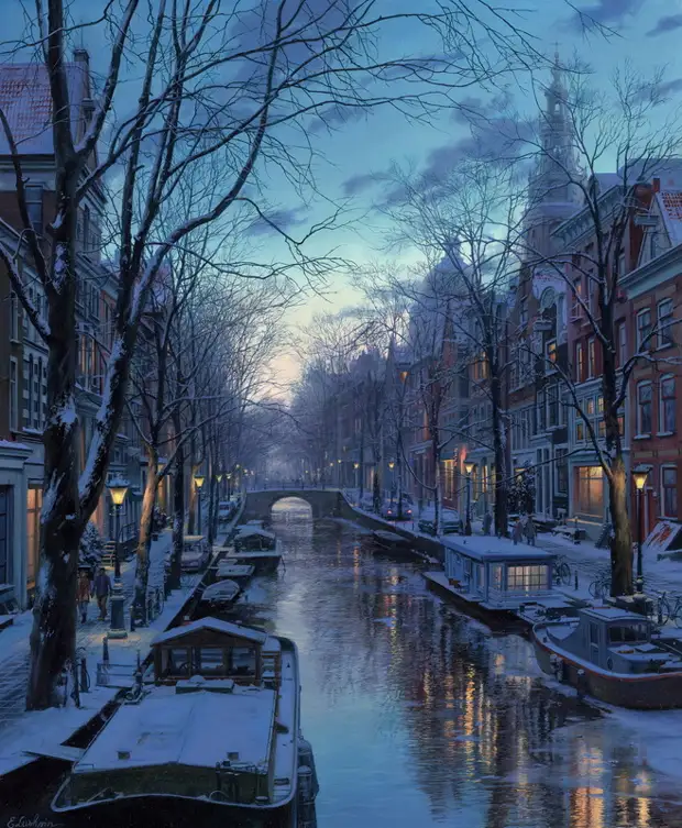 Waarme winterskilderijen fan Evgeny Lushpin