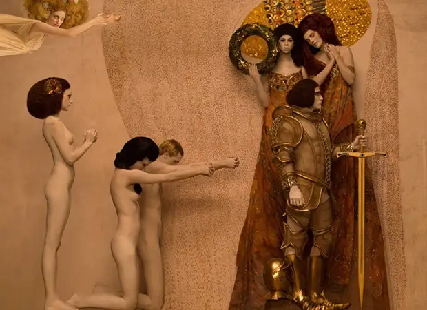 Enscenering van de schilderijen van Gustav Klimt met levende modellen