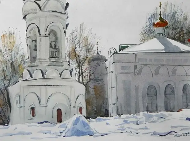 Artista Vladimir Goryachev. Vals de nieve al son de campanas