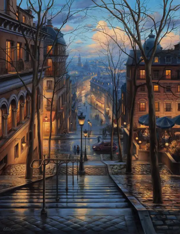 Skumring i byen Evgeny Lushpin, høst, kunstner