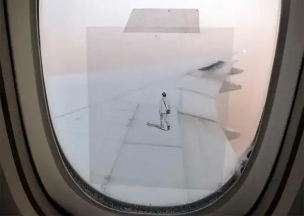 Melancholic series of drawings showing people walking on an airplane drawing, airplane