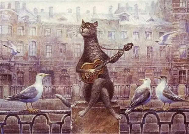 De wrâld fan katten fan artyst Vladimir Rumyantsev