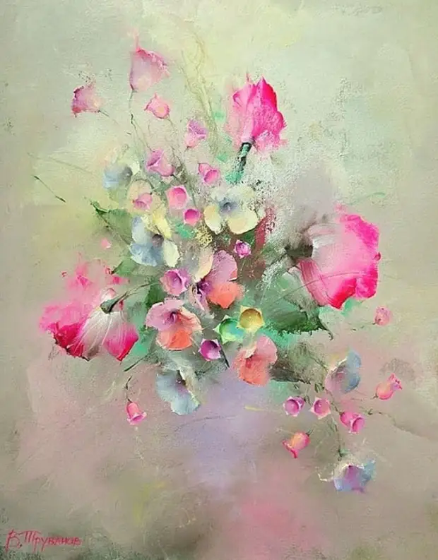 Kunstner Vitaly Trubanov. Fantastiske blomsterbuketter