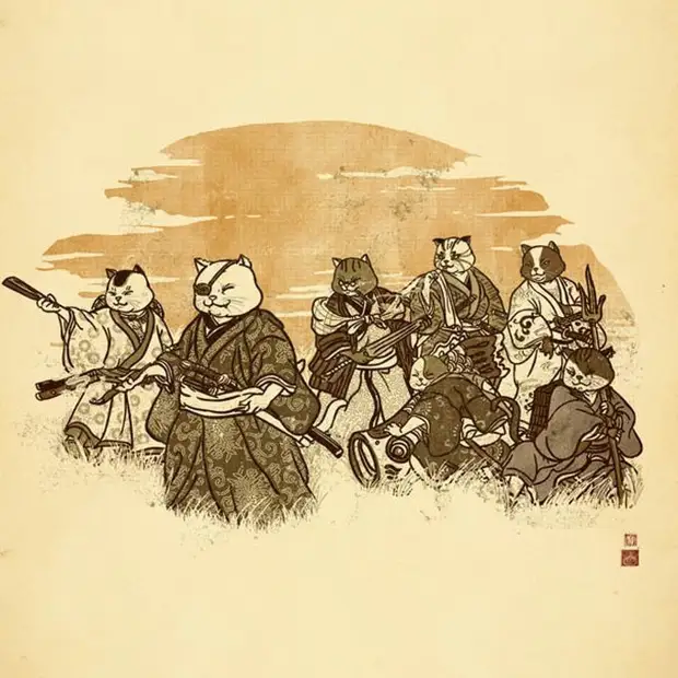 Illustrazzjonijiet umoristiċi ta 'qtates fl-immaġni ta' qattus Samurai, tpinġija, Samurai