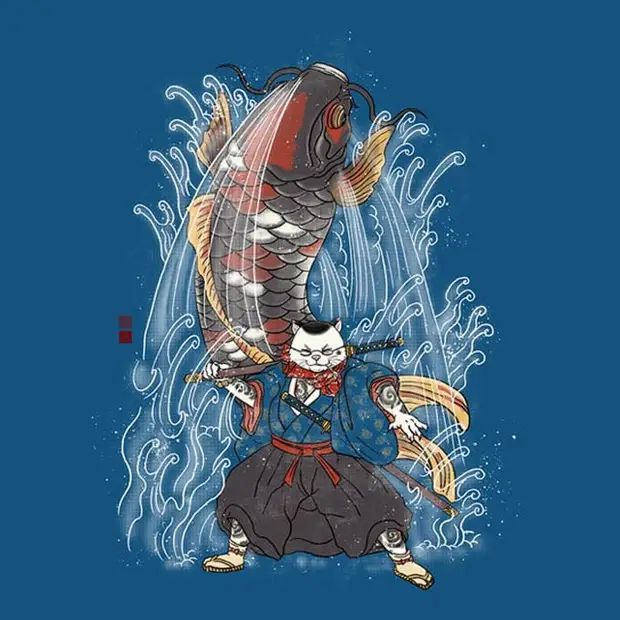 Illustrazzjonijiet umoristiċi ta 'qtates fl-immaġni ta' qattus Samurai, tpinġija, Samurai