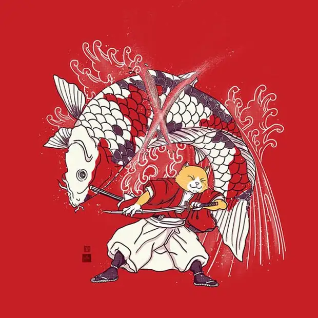 Sjove illustrationer af katte i billedet af en samurai kat, tegning, samurai