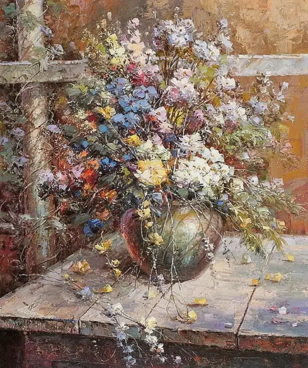 Artist Alexey Khlebnikov. A cikin ƙasar furanni da faɗuwar rana ruwan hoda