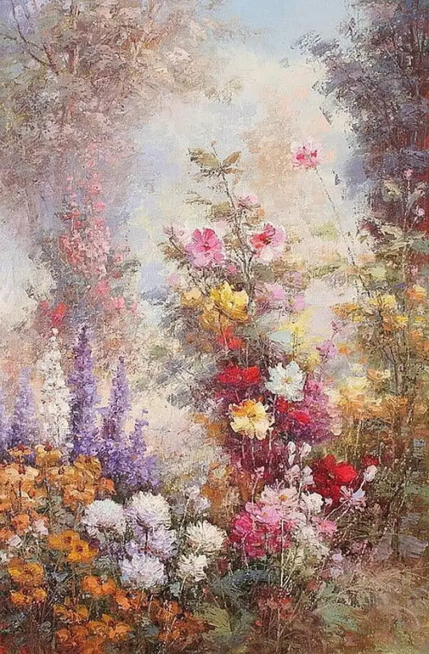 Artista Alexey Khlebnikov. A la terra de les flors i les postes de sol roses