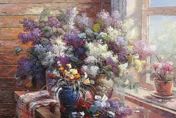 Kunstner Alexey Khlebnikov. I blomsterlandet og lyserøde solnedgange