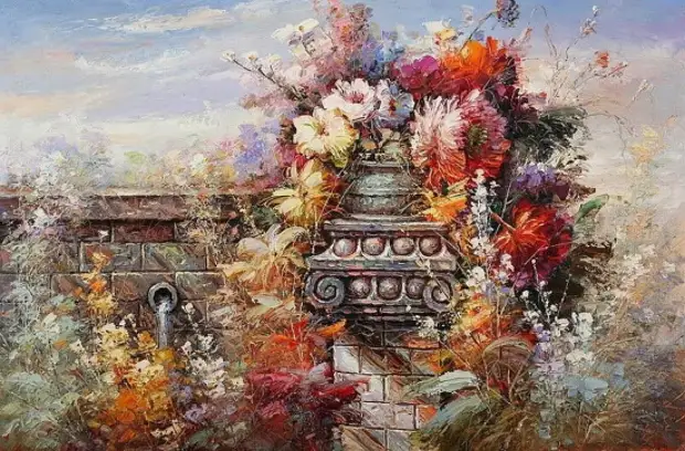 Artista Alexey Khlebnikov. Al país de les flors i les postes de sol rosades