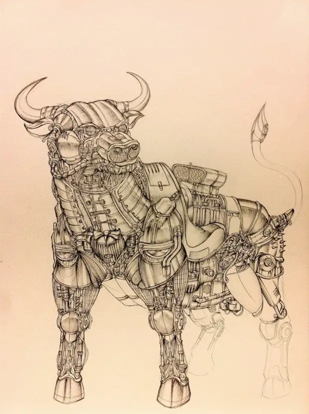 Motor bull marrazkia, steampunk