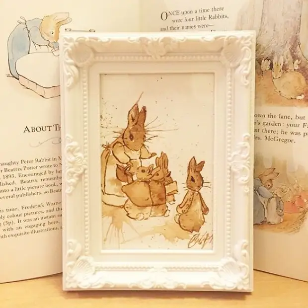 Onkọwe Peter Rabbit Beatrice Potter kọfi, awọn yiya