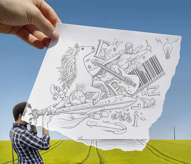 艺术家本·海涅 (Ben Heine) 绘画、绘画上的照片的壮丽系列“铅笔与相机”