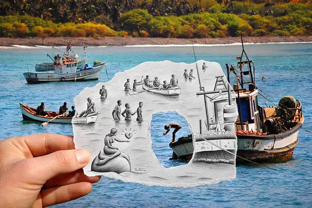 艺术家本·海涅 (Ben Heine) 绘画、绘画上的照片的壮丽系列“铅笔与相机”