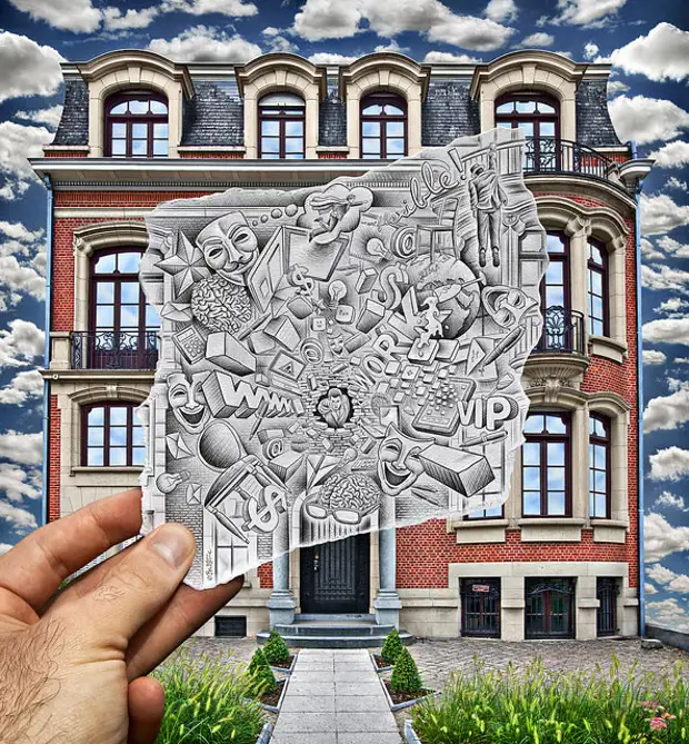 艺术家本·海涅 (Ben Heine) 绘画、绘画上的照片的壮丽系列“铅笔与相机”