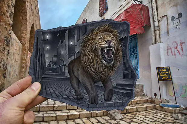 艺术家本·海涅 (Ben Heine) 绘画、绘画上的照片的壮丽系列“铅笔与相机”