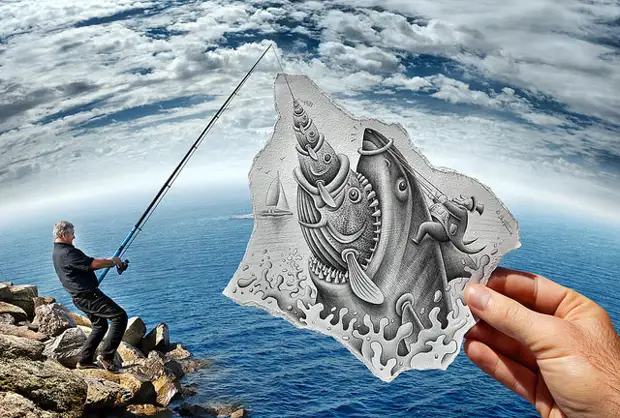 艺术家本·海涅 (Ben Heine) 绘画、绘画上的照片的壮丽系列“铅笔与相机”