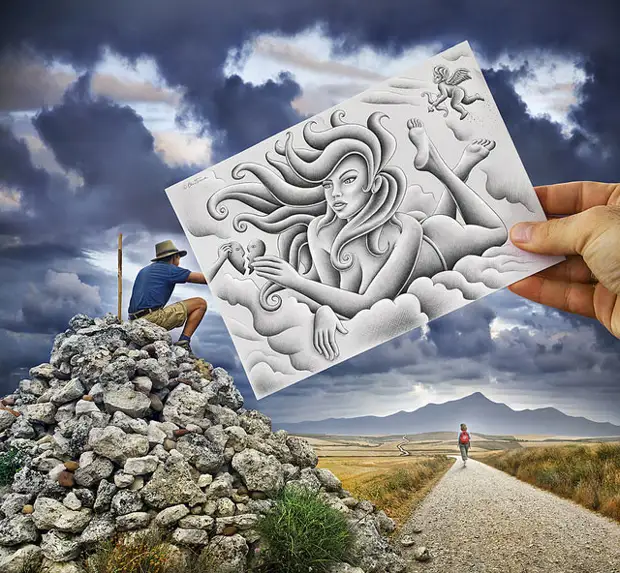 艺术家本·海涅 (Ben Heine) 绘画、绘画上的照片的壮丽系列“铅笔与相机”