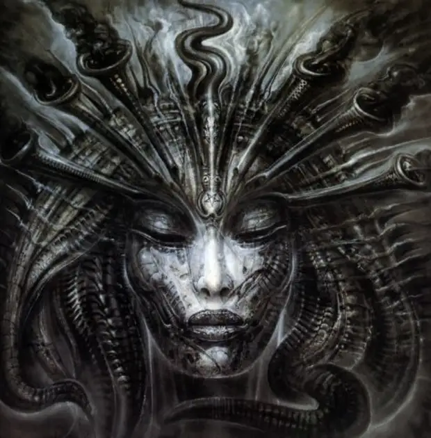 Giger Hans Rudolph. Wojambula waku Switzerland Giger, positi yayitali, chithunzi, waluso, wachilendo