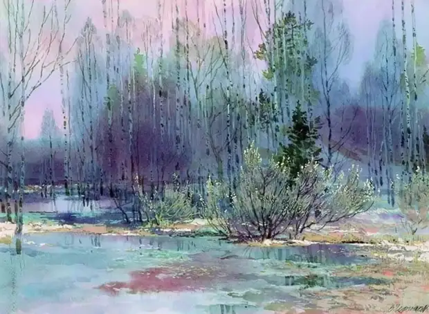 Kunstenaar Vjatsjeslav Chernakov. Emerald waterverf