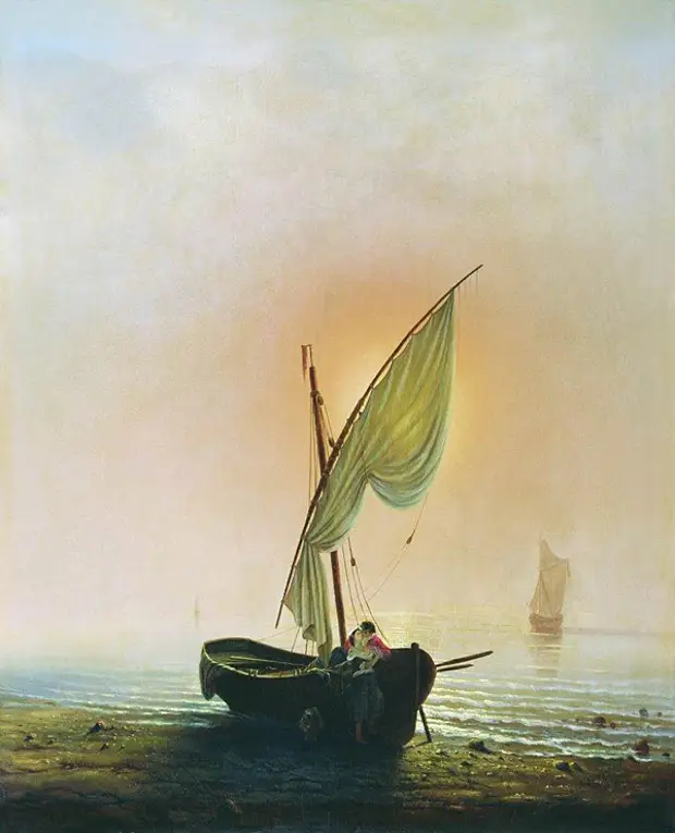 Sonnenënnergank (Boot mat engem Segel um Mier). 1857