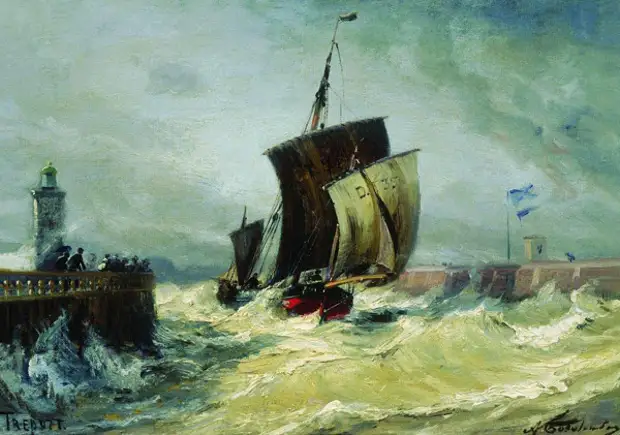 Zréck op den Hafen vun Trepor am huelem Waasser. Frankräich, Normandie. 1876