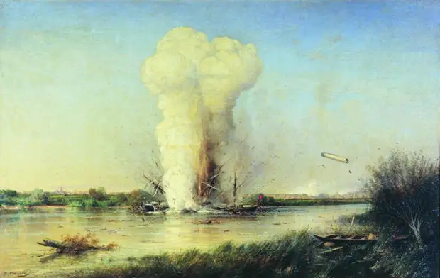 Ontploffing van die Turkse slagskip Luft-Jelil aan die Donau op 29 April 1877. 1877