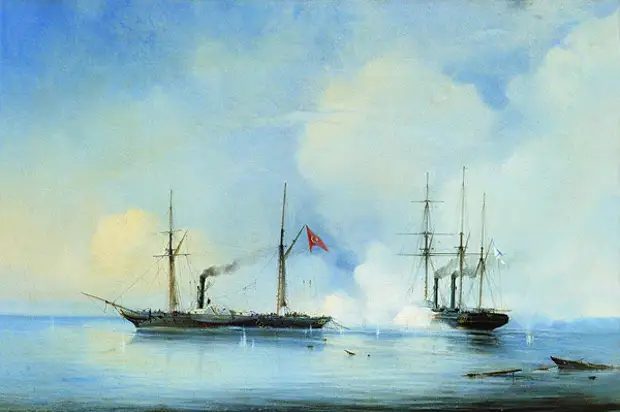 1853 年 11 月 5 日，蒸汽護衛艦 Vladimir 與土耳其-埃及軍艦 Pervaz-Bahri 的戰鬥。 1850年代