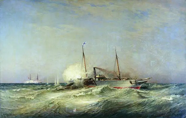 La batalla del vapor Vesta amb el cuirassat turc Fethi-Butland al mar Negre l’11 de juliol de 1877. 1878