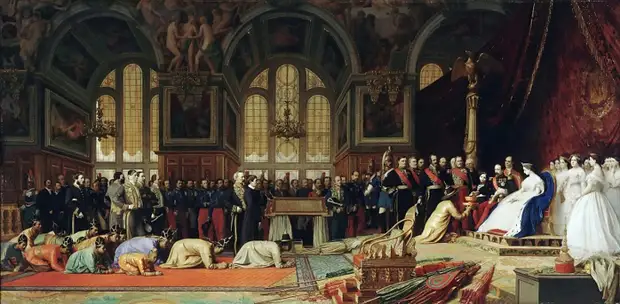 8 Kugamuchirwa kwemamiriri eSiamese Napoleon III uye Empress Eugenia muFontainebleau (700x343, 324Kb)