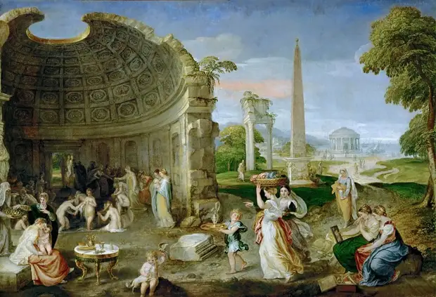 Kunsthistorisches Museum - Lambert Sustris - Landscape na may Sinaunang Ruins at Bathers