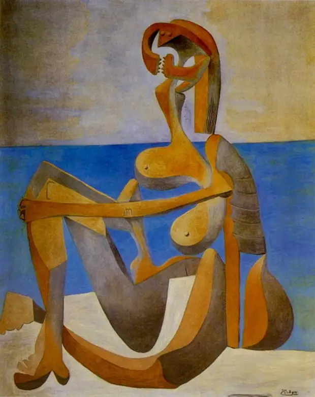 Pablo Picasso. Bather sedí na pobreží. Rok 1930