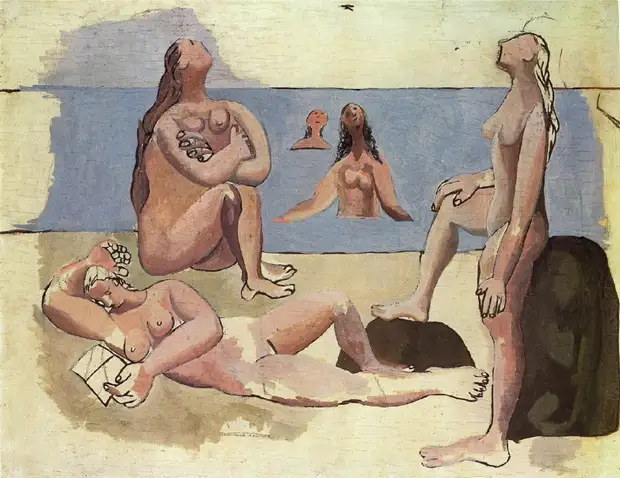 Pablo Picasso. Batwyr yn edrych ar yr awyren [Pum Bathers]. 1920 blwyddyn