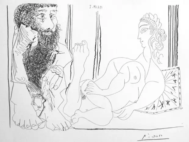 Pablo Picasso. Mies katsomassa valehtelevaa alastonta. 1968 vuosi