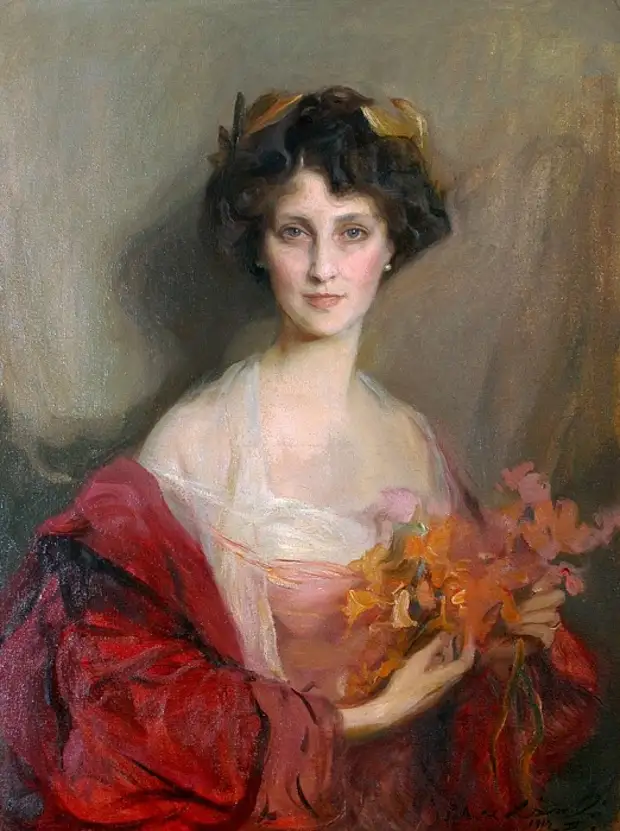 Winifred Anna Dallas nan York, Comtesse de Portland ak premye prezidan Royal Society pou pwoteksyon zwazo, 1912. Otè: Philippe Alexis de Laszlo.