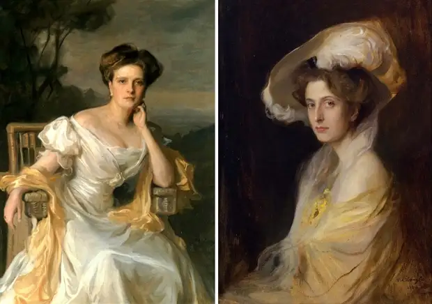 Alice Battenberg, Princess nan Lagrès ak Denmark, 1907. / Louise Mountbatten, pita Rèn nan Sweden, 1907. Otè: Philippe Alexis de Laszlo.