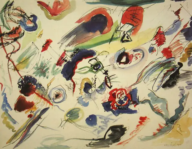 Mpanakanto Wassily Kandinsky. Hoso-doko. Tsy misy lohateny (Watercolor abstract voalohany). 1910 taona