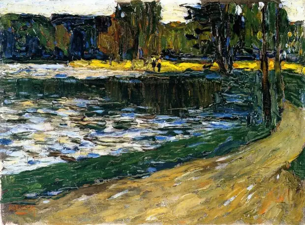 Ealaíontóir Wassily Kandinsky. Péinteáil. München - Gairdín Béarla. 1901 bliain