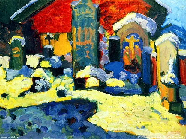 Ealaíontóir Wassily Kandinsky. Péinteáil. Reilig Kochel. 1910 bliain