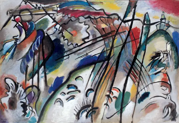 Ealaíontóir Wassily Kandinsky. Péinteáil. Tobchumadh 28 (an dara leagan). 1912 bliana