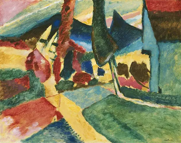 ศิลปิน Wassily Kandinsky จิตรกรรม. ภูมิทัศน์ที่มีต้นป็อปลาร์สองต้น ปี พ.ศ. 2455