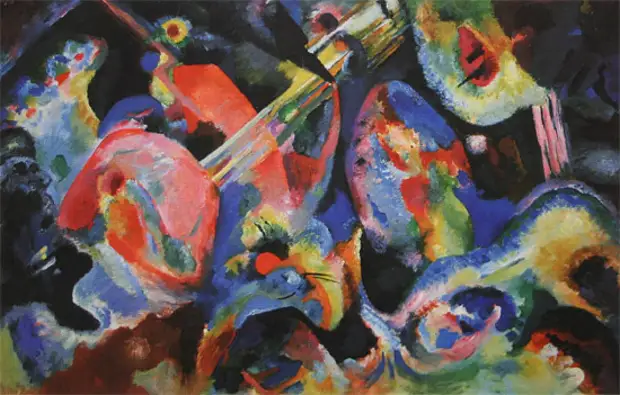 Ealaíontóir Wassily Kandinsky. Péinteáil. Tobchumadh. Tuilte. 1913 bliain